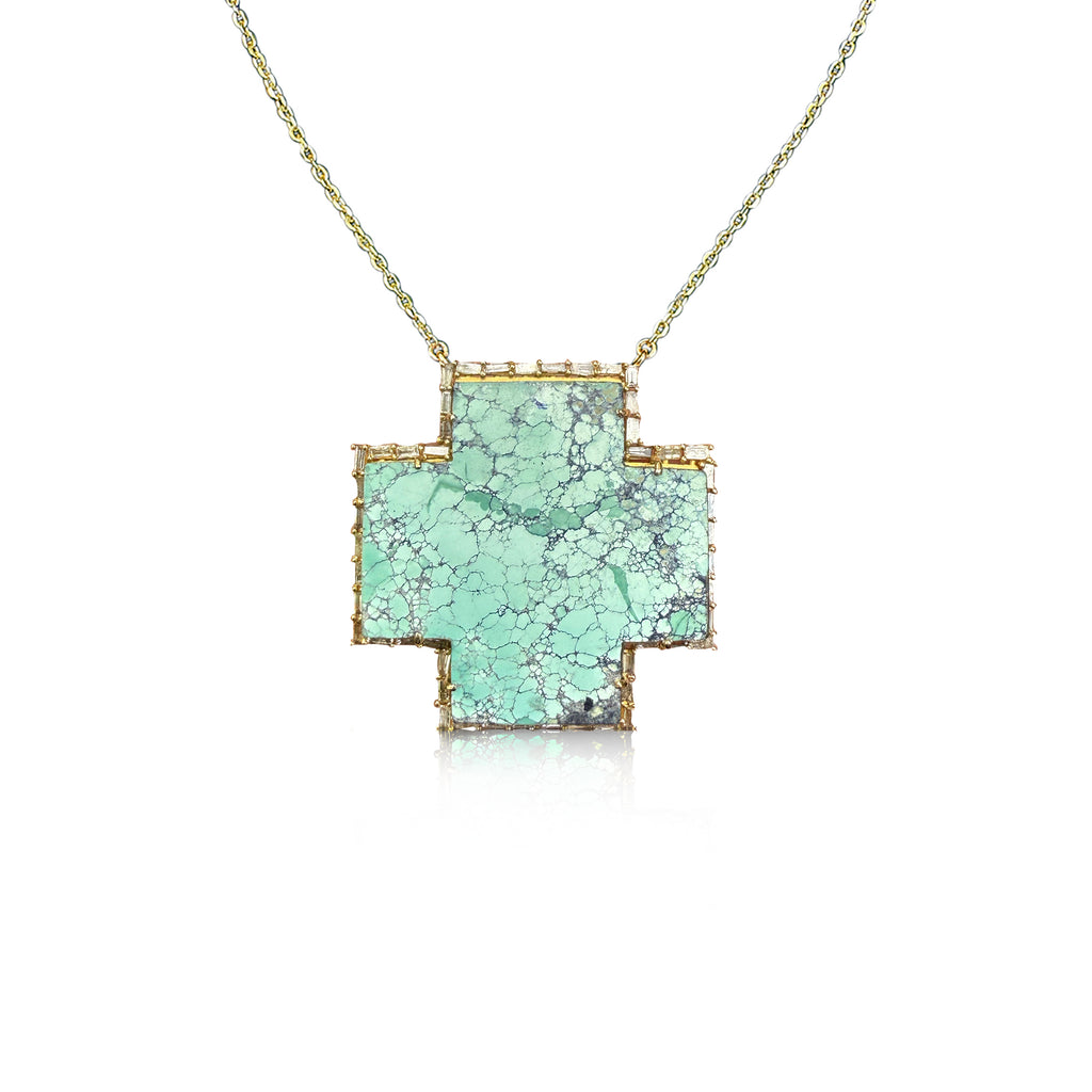 14k Large Turquoise Cross Baguette Necklace – S. Carter Designs